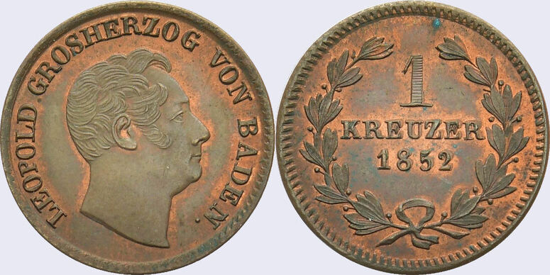 Baden, Großherzogtum (10/10Unc) Carl Leopold Friedrich, 1 Kreuzer 1852 ...