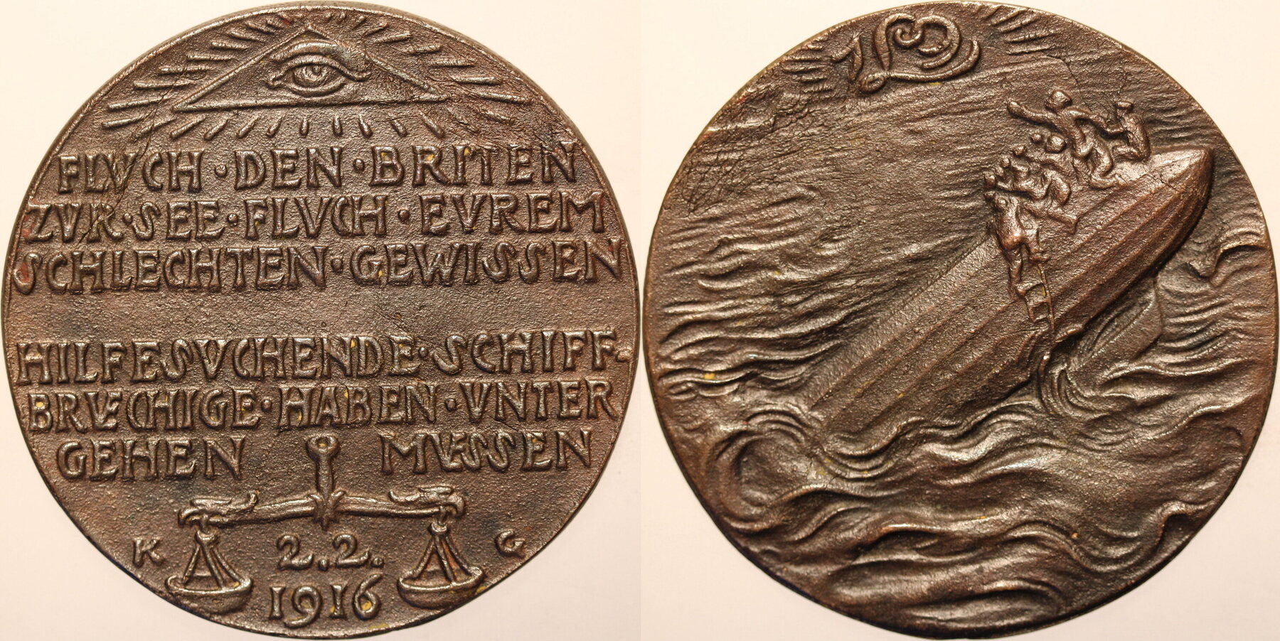 Deutschland Bronzegussmedaille 1916 GOETZ auf den Absturz des Zeppelins ...