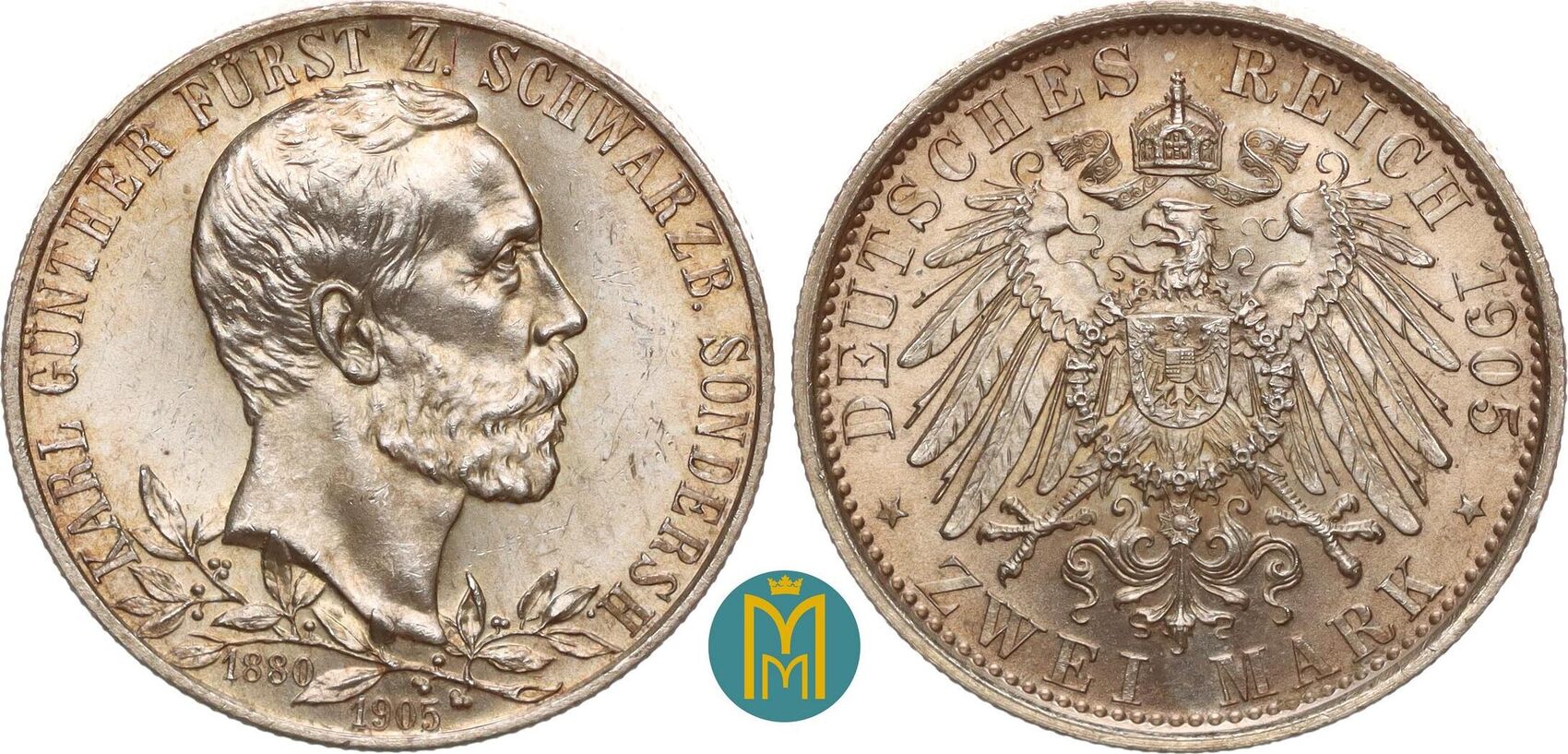 Schwarzburg-Sondershausen 2 Mark 1905 Regierungsjub. Karl Günther 1880-1909. Breiter Randstab ...