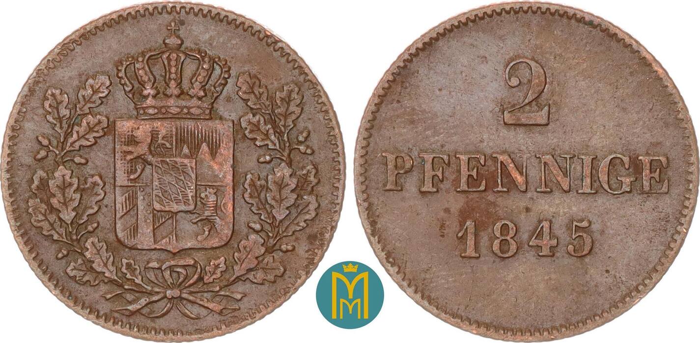 Bayern 2 Pfennig 1845 Ludwig I. 1825-1848. sehr schön | MA-Shops