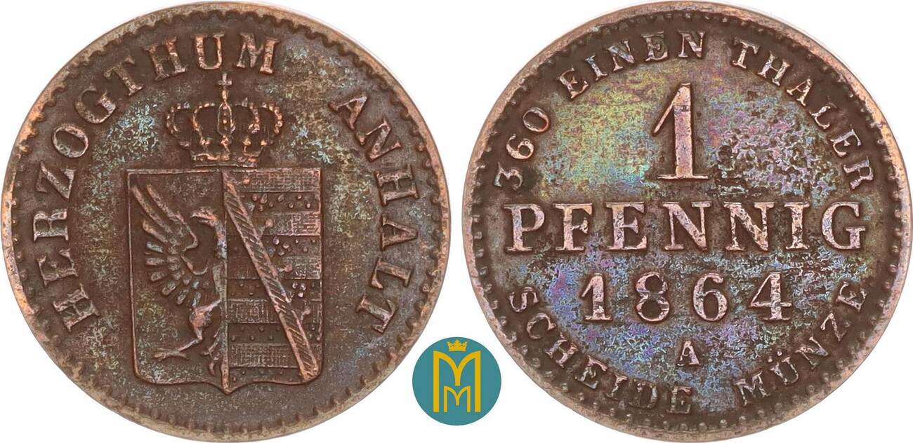 Anhalt-Bernburg 1 Pfennig 1864 A Alexander Karl 1834-1863. sehr schön ...