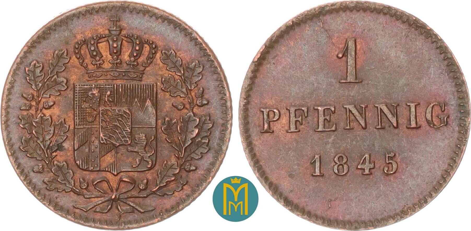 Bayern 1 Pfennig 1845 Ludwig I. 1825–1848. vorzüglich | MA-Shops