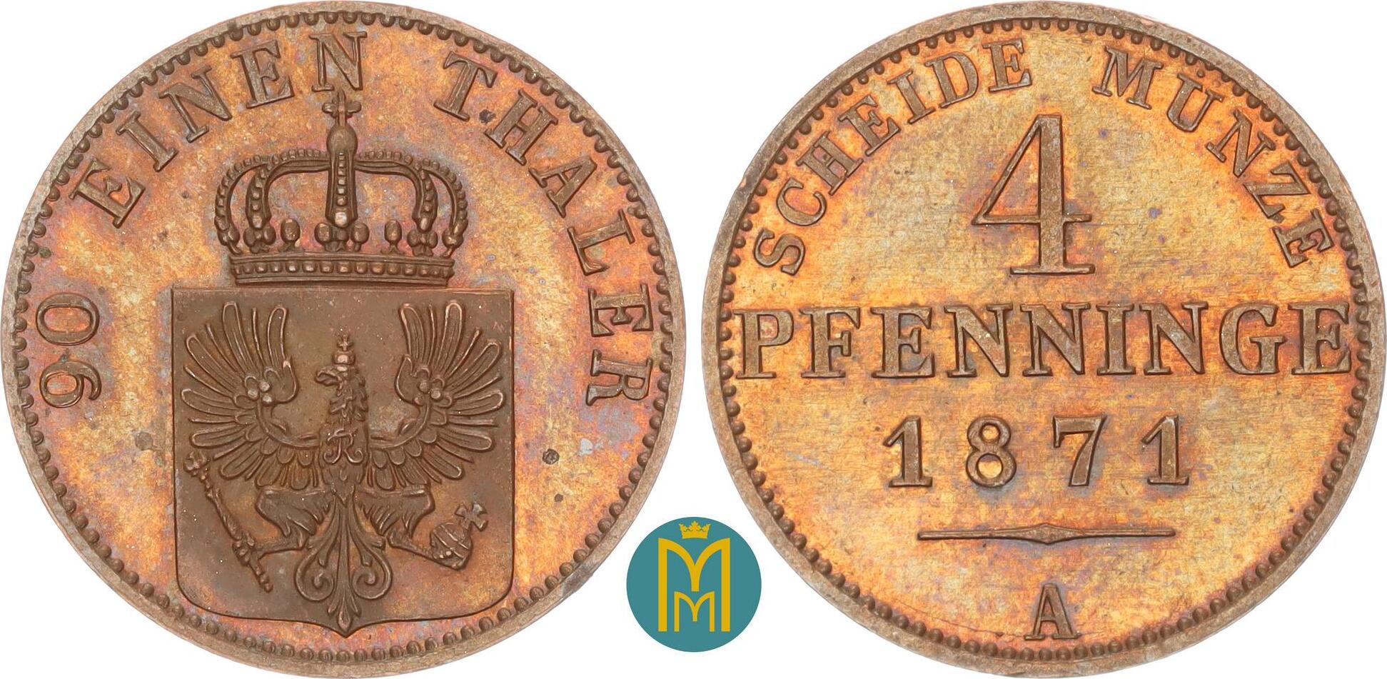 Brandenburg-Preußen. 4 Pfennig 1871 A Wilhelm I. 1861-1888. Sehr selten ...