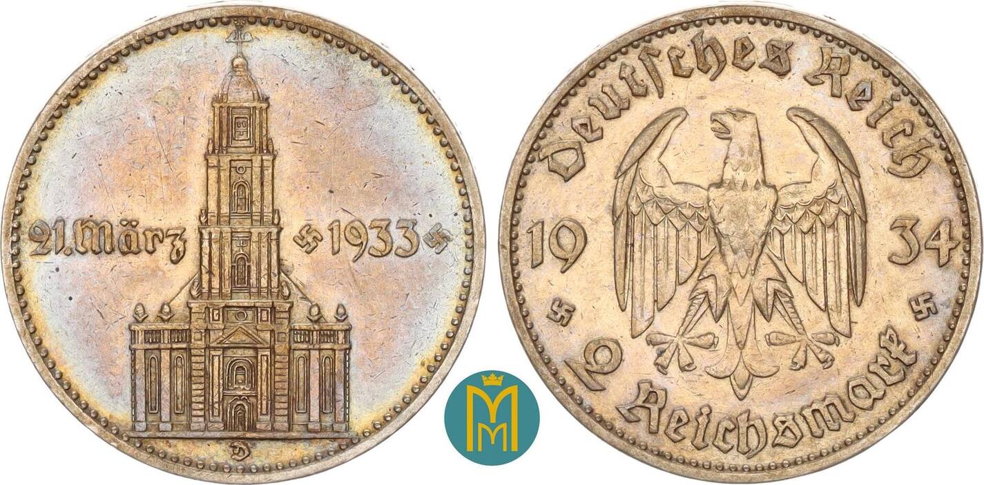 3. Reich 2 Reichsmark 1934 D Garnisonkirche mit Datum. sehr schön | MA-Shops