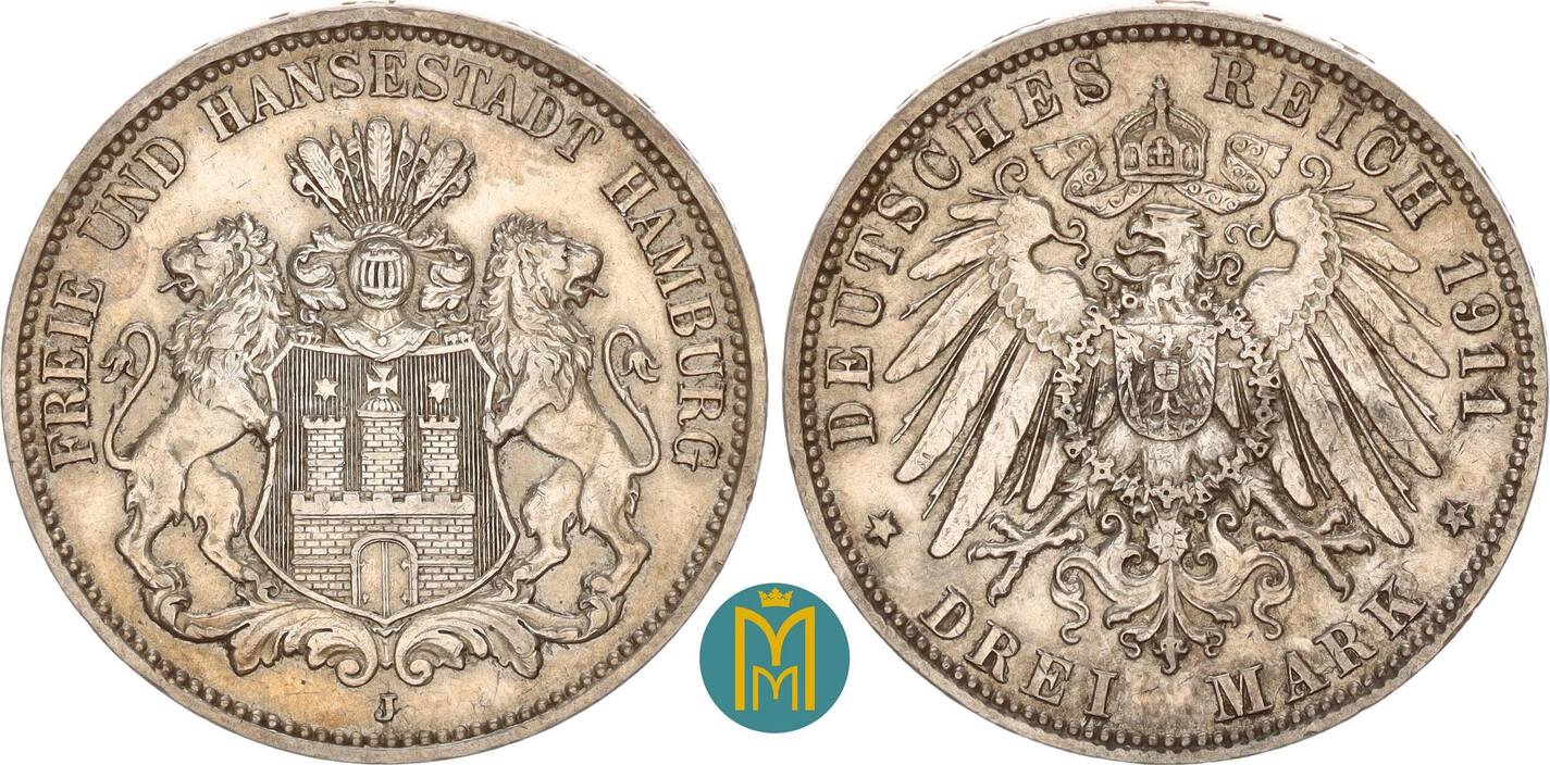 Kaiserreich / Hamburg 3 Mark 1911 sehr schön | MA-Shops Kaiserreich / Hamburg 3 Mark 1911 sehr schön | MA-Shops