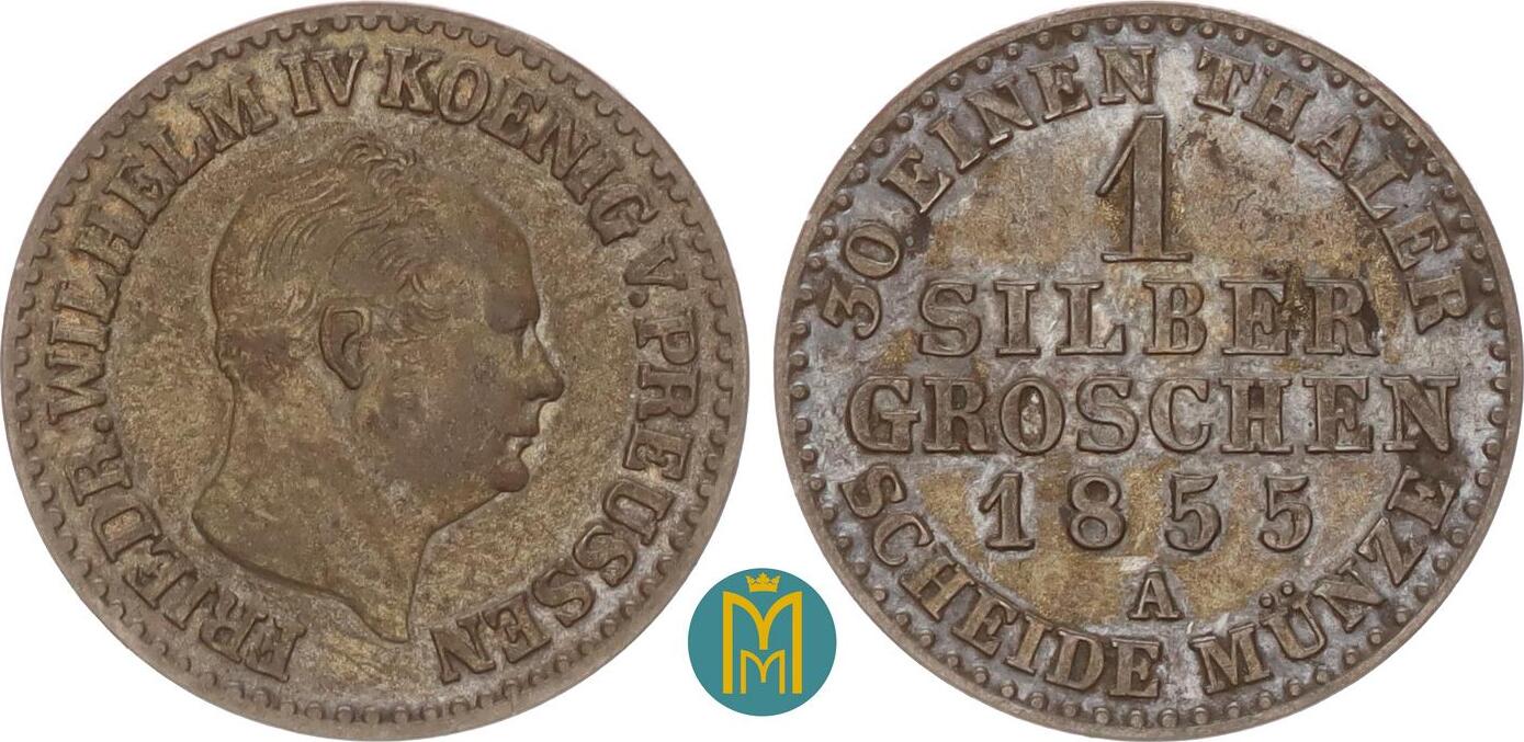 Brandenburg-Preußen. 1 Silbergroschen 1855 A Friedrich Wilhelm IV., 1840 - 1861. fast vorzüglich ...
