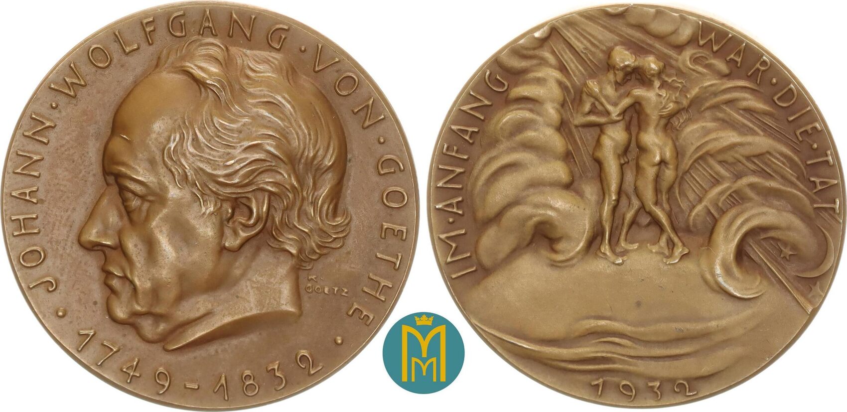 Karl Goetz Bronzemedaille 1932 Auf den 100. Todestag von Goethe. fast Stempelglanz | MA-Shops