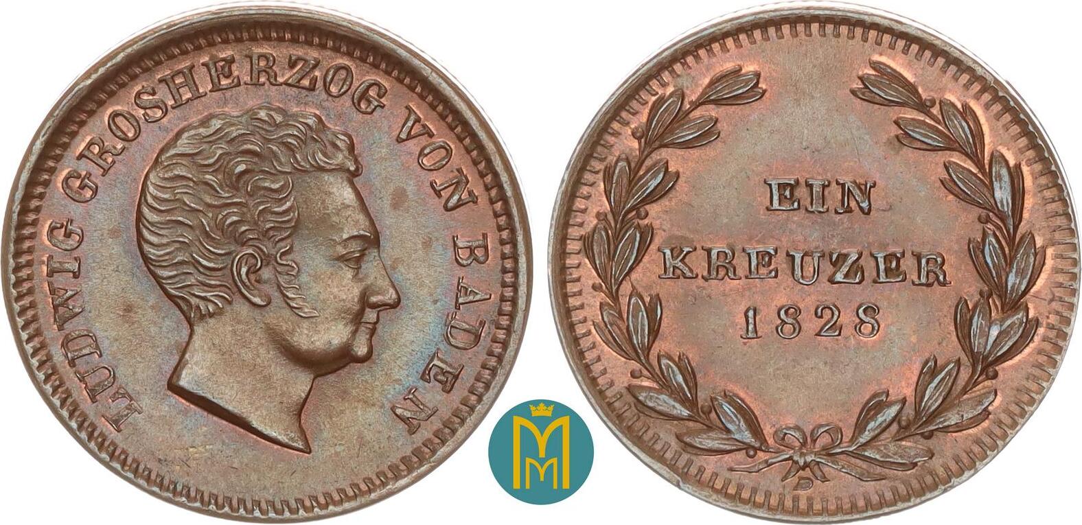 Baden-Durlach 1 Kreuzer 1828 Ludwig 1818-1830. Scharf ausgeprägt ...