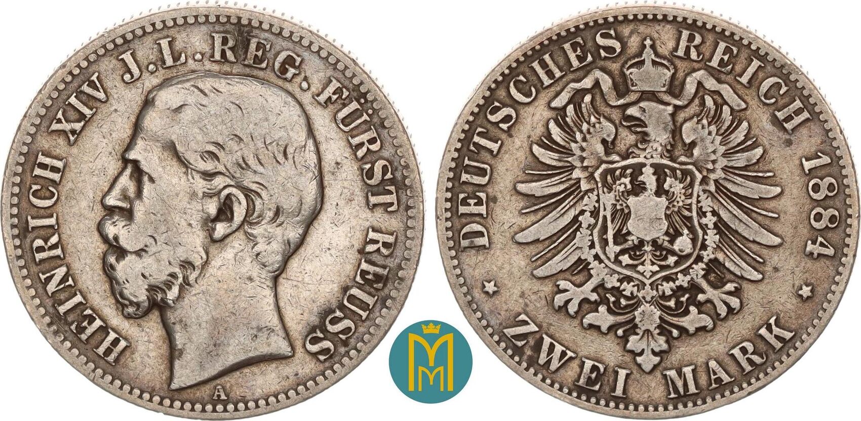 Reuss-jüngere Linie zu Schleiz. 2 Mark 1884 Heinrich XIV. 1867-1913 ...