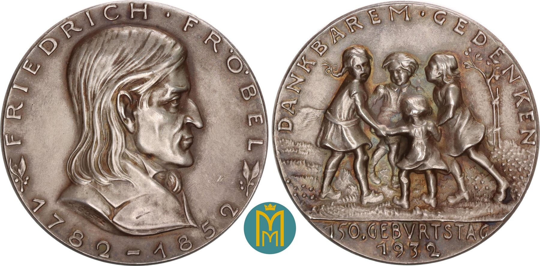 Karl Goetz Silbermedaille mattiert 1932 auf den 150. Geburtstag von Friedrich Fröbel, fast ...