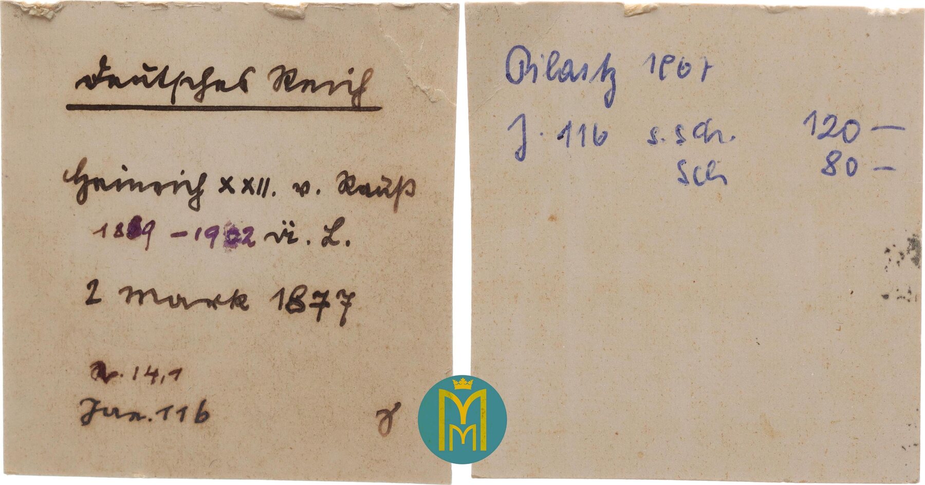 Reuss, ältere Linie zu Greiz 2 Mark 1877 Heinrich XXII. 1859-1902. sehr ...