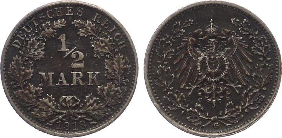 Deutsches Kaiserreich 1/2 Mark 1918 G dunkle Patina, vorzüglich- | MA-Shops