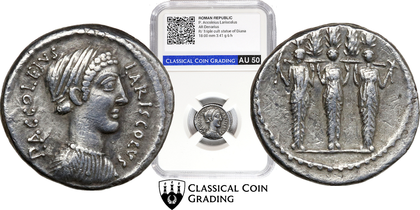 ★CCG AU50★ P. Accoleius Lariscolus AR Denarius. Rome, 43 BC. | MA-Shops
