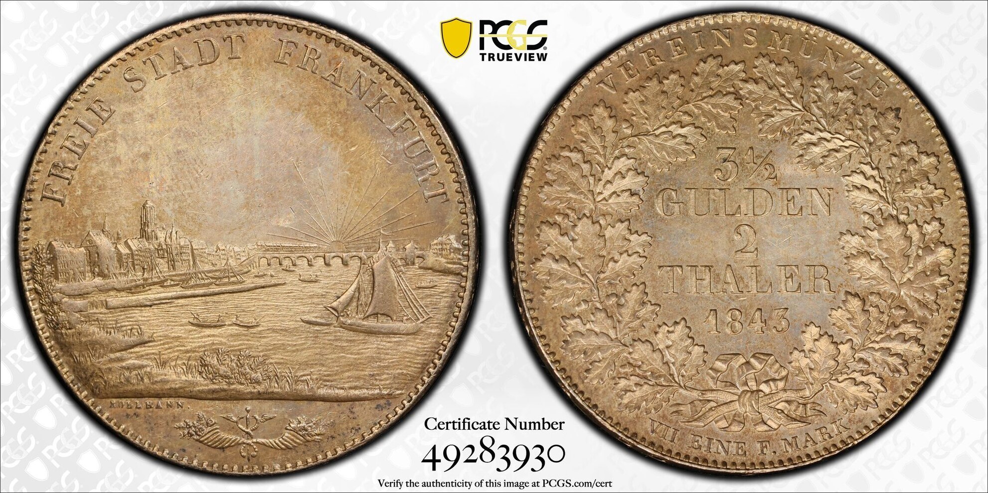 2 Thaler 1843 Free City Frankfurt MS61 | MA-Shops