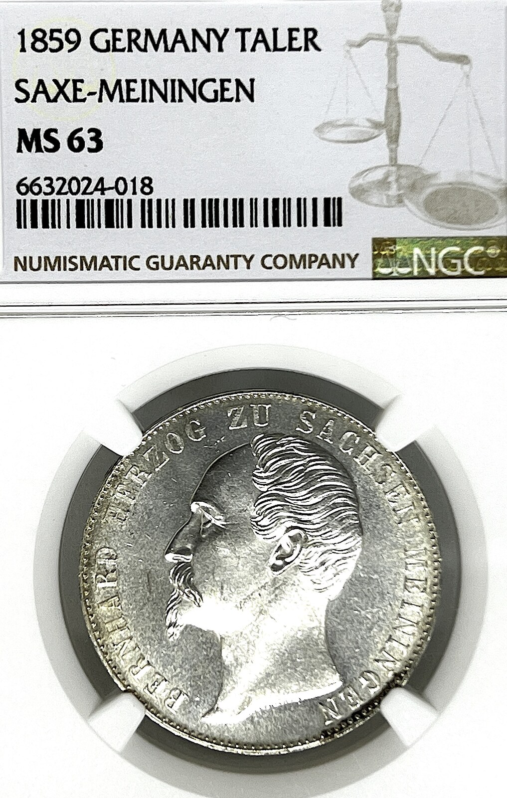 GERMANY TALER 1859 Bernhard (1803-1866). NGC MS 63 | MA-Shops
