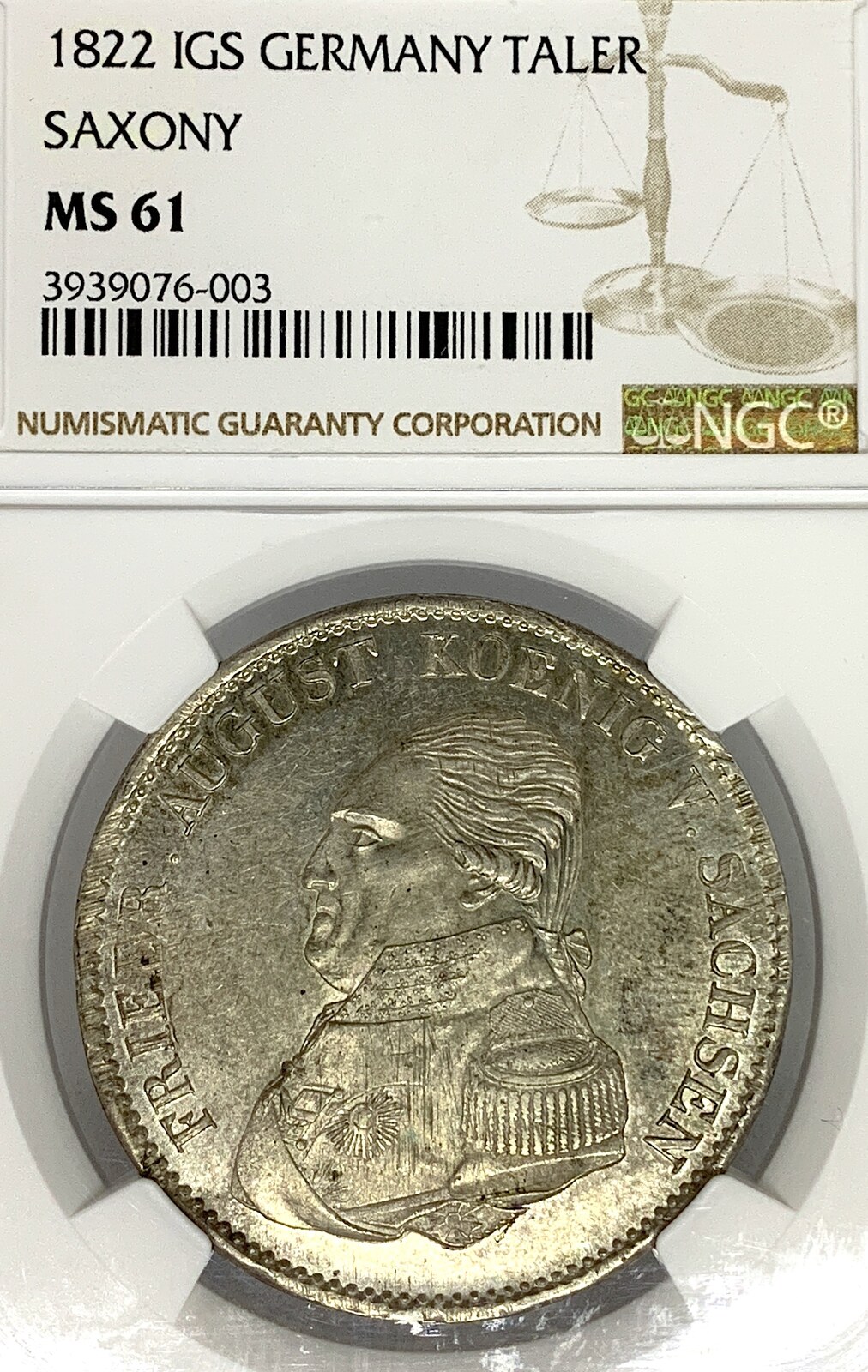 GERMANY TALER 1822 IGS Friedrich August (1763-1827). NGC MS 61 | MA-Shops