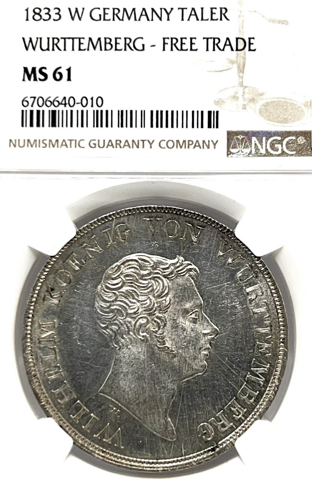 GERMANY TALER 1833 W Wilhelm I (1816-1864). NGC MS 61 | MA-Shops