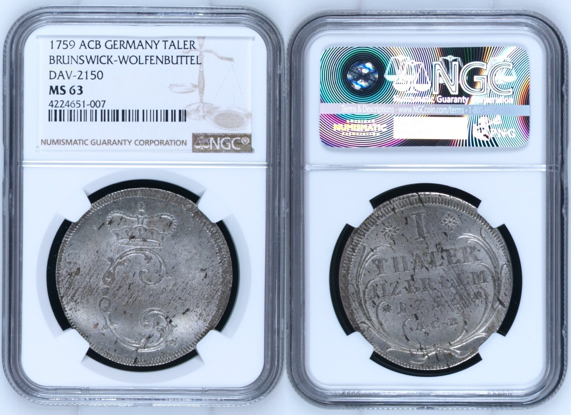 GERMANY TALER 1759 ACB Karl (1735-1780). NGC MS 63 | MA-Shops