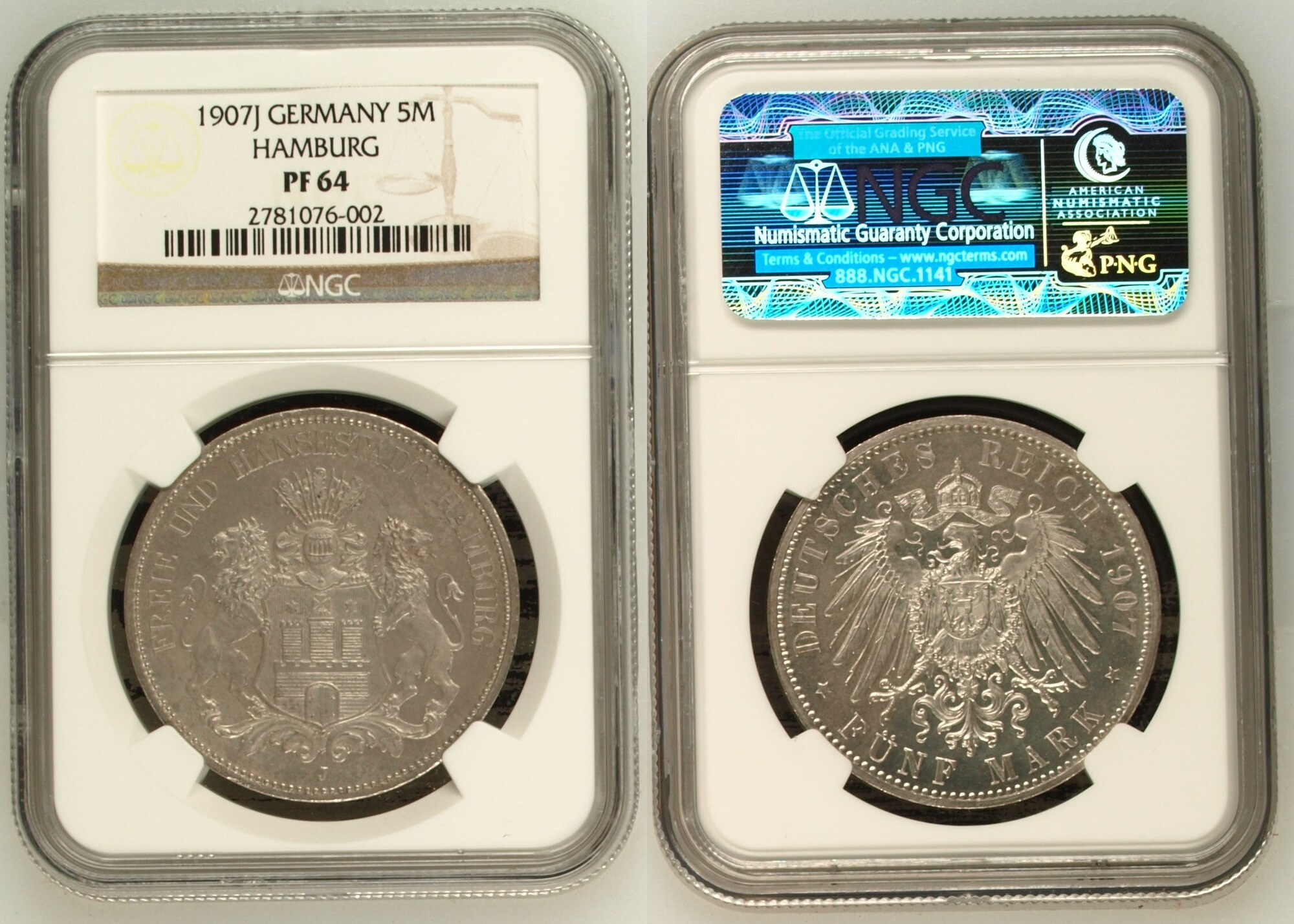 GERMANY 5 Mark 1907J Hamburg, Free City. NGC PF 64 | MA-Shops