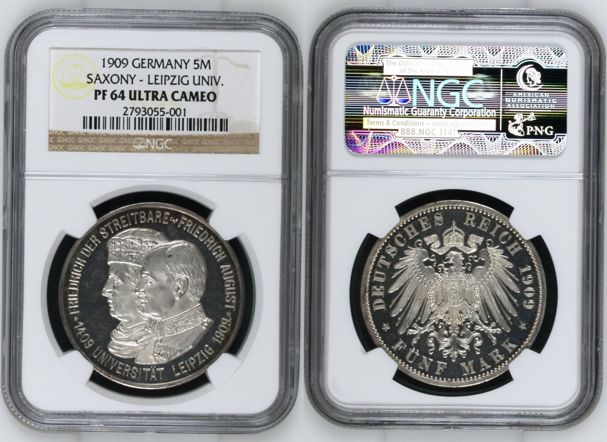 GERMANY 5 Mark 1909 Friedrich August III (1904-1918). NGC PF 64 ULTRA ...