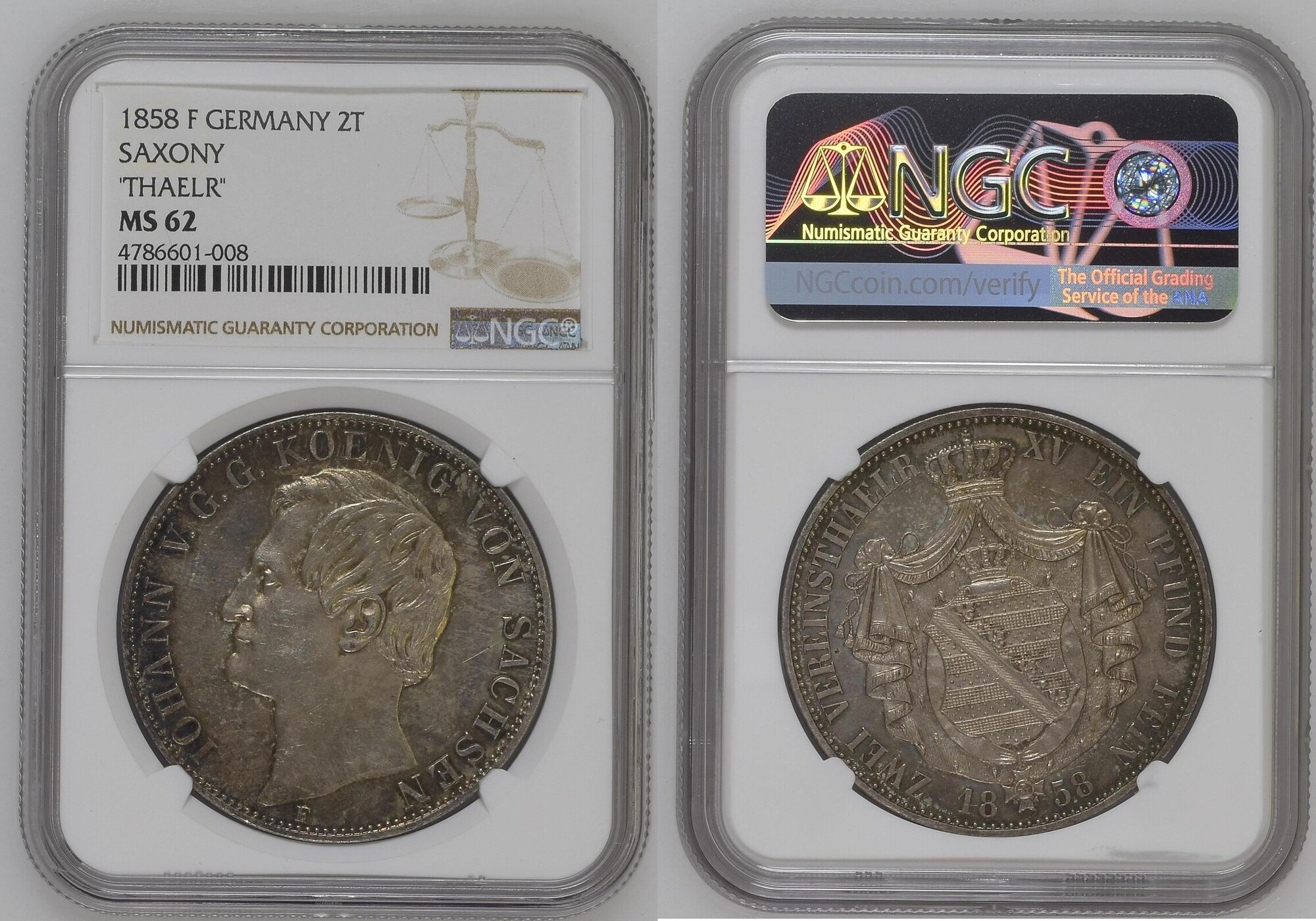 GERMANY 2 Talers 1858 F Johann (1854-1873). NGC MS 62 | MA-Shops
