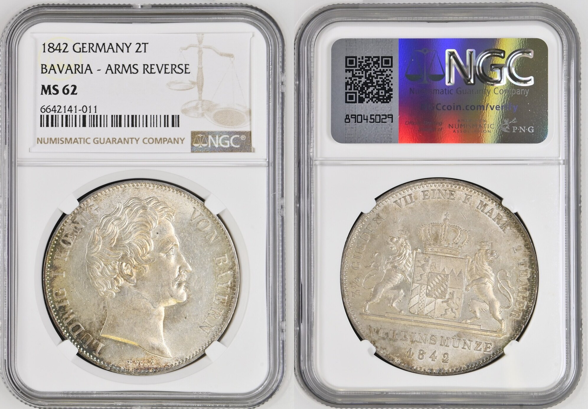 GERMANY 2 Thalers 1842 Ludwig I (1825-1848). NGC MS 62 | MA-Shops