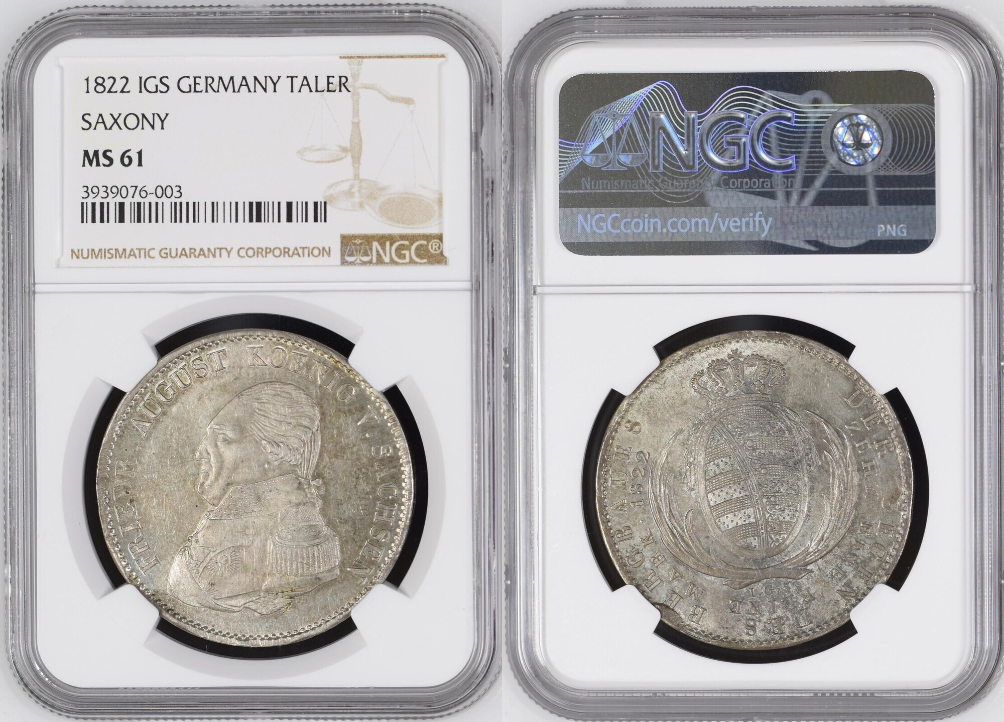 GERMANY TALER 1822 IGS Friedrich August (1763-1827). NGC MS 61 | MA-Shops