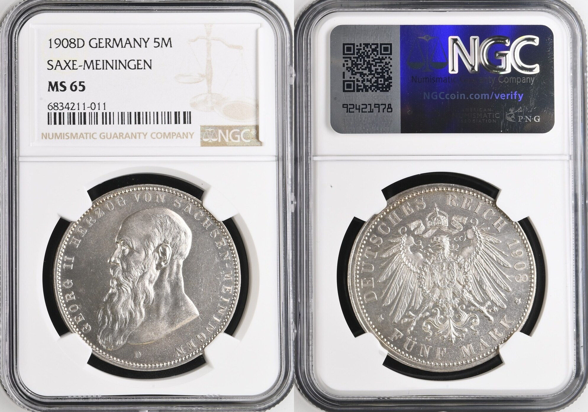 GERMANY 5 Mark 1908D George II (1866-1914). NGC MS 65 | MA-Shops