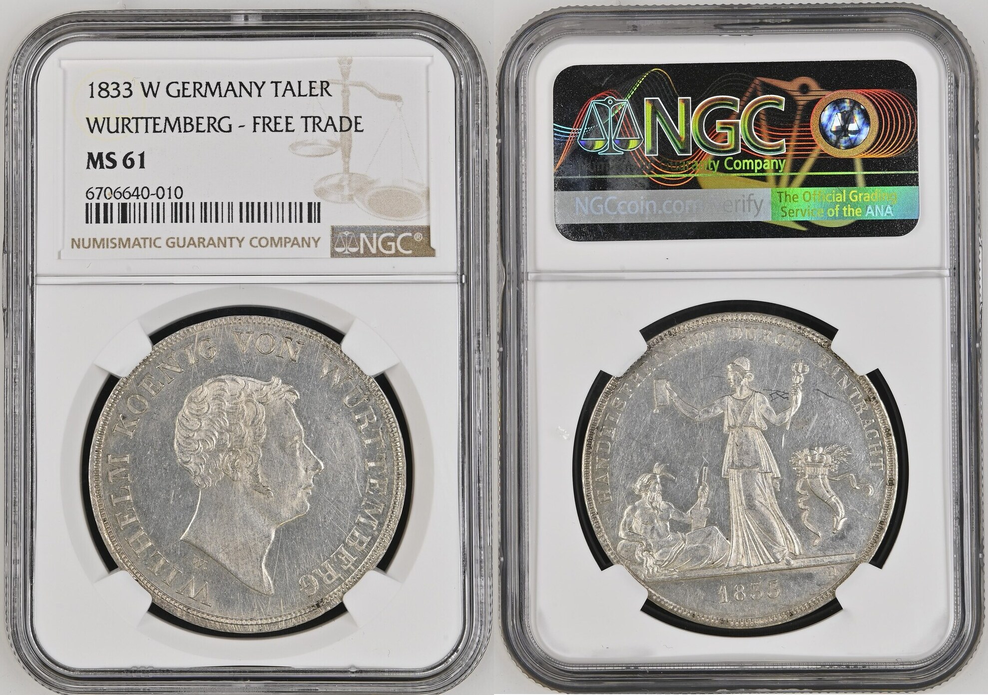 GERMANY TALER 1833 W Wilhelm I (1816-1864). NGC MS 61 | MA-Shops
