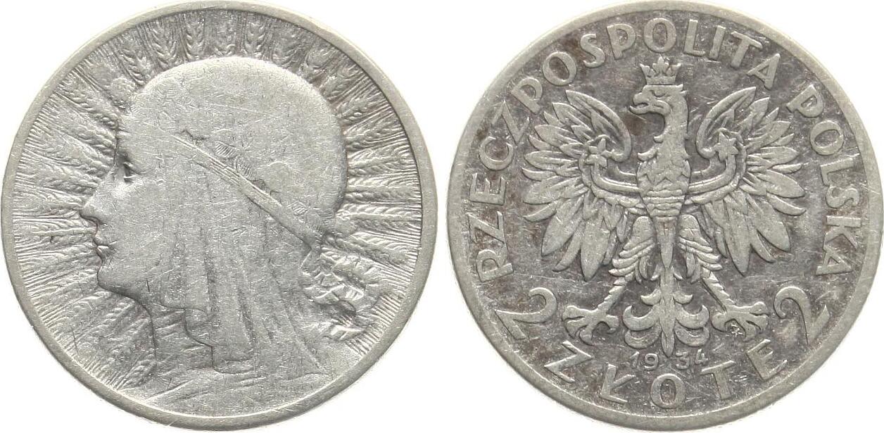 Polen 2 Zlote 1934 2. Republik, Kopf der Königin Jadwiga n. links ss | MA-Shops
