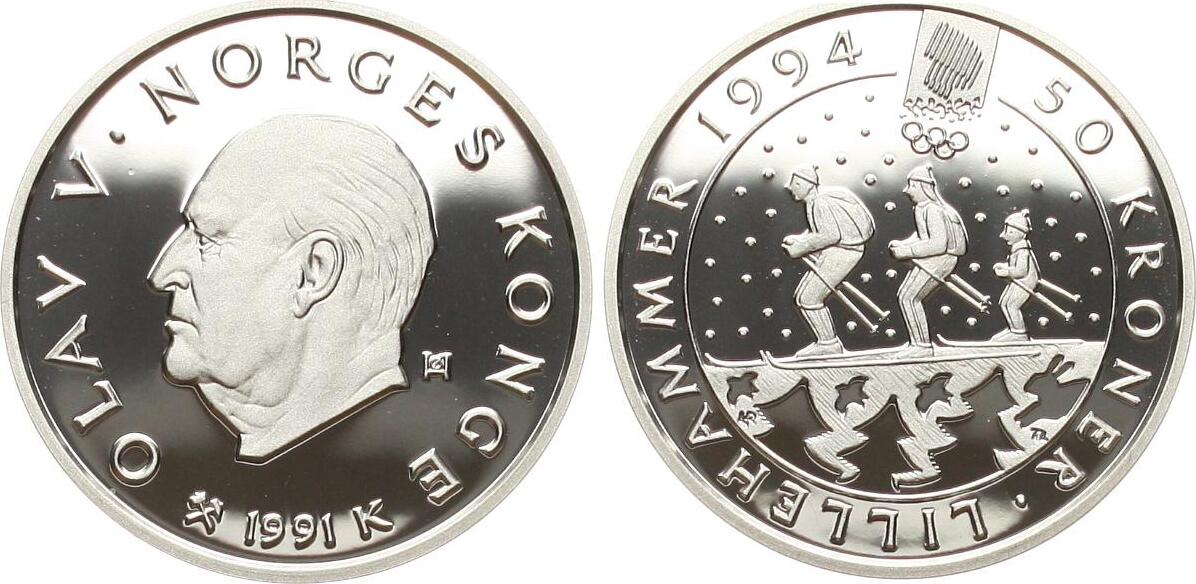 Norwegen 50 % 100 Kroner Olympiade Lillehammer 1994 Olav V. pp | MA-Shops
