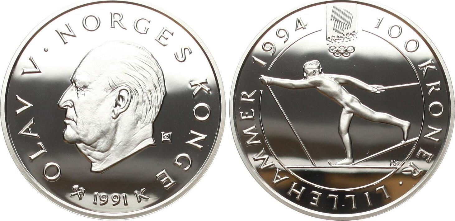 Norwegen 50 % 100 Kroner Olympiade Lillehammer 1994 Olav V. pp | MA-Shops