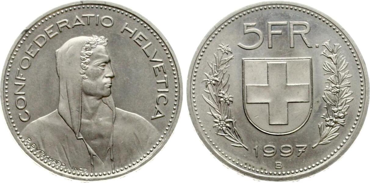 Schweiz 5 Franken 1997 Kursmünze stgl | MA-Shops