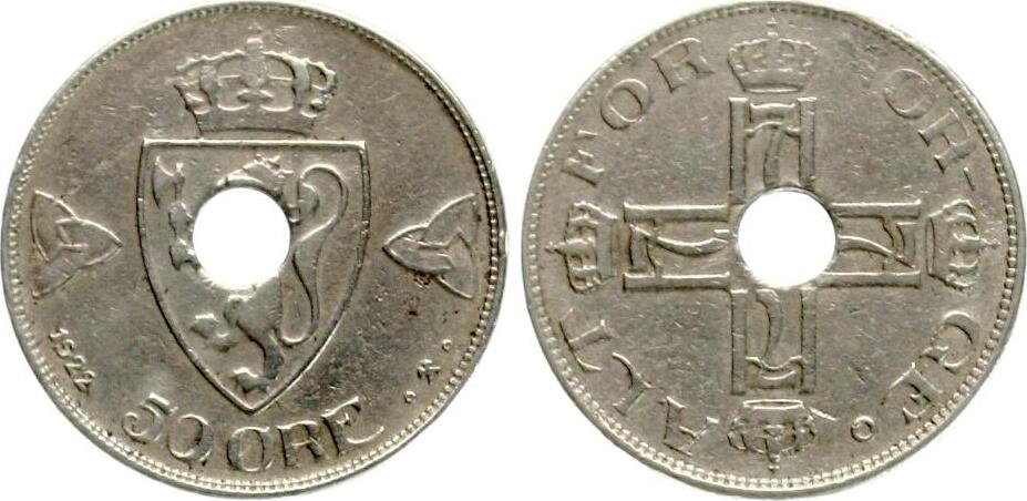 Norwegen 50 Øre 1922 Håakon VII., Variante mit Loch in der Mitte ...