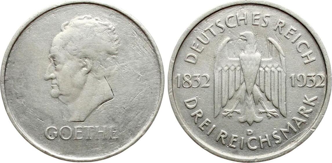 Weimarer Repuplik 3 Mark 1932 D Johan Wolfgang von Goethe ss-/ss | MA-Shops