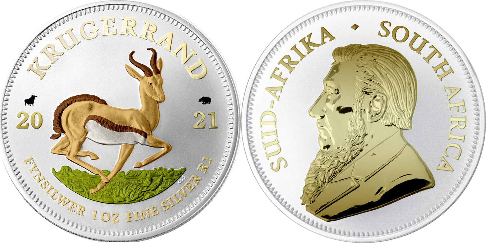 Südafrika 1 Rand 1 OZ Bull & Bear Springbok Blueline 2021 BU colour ...