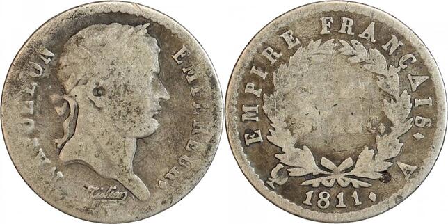 1811 1/2 Franc Napoléon Ier Tête Laurée Revers Empire B+ | MA-Shops