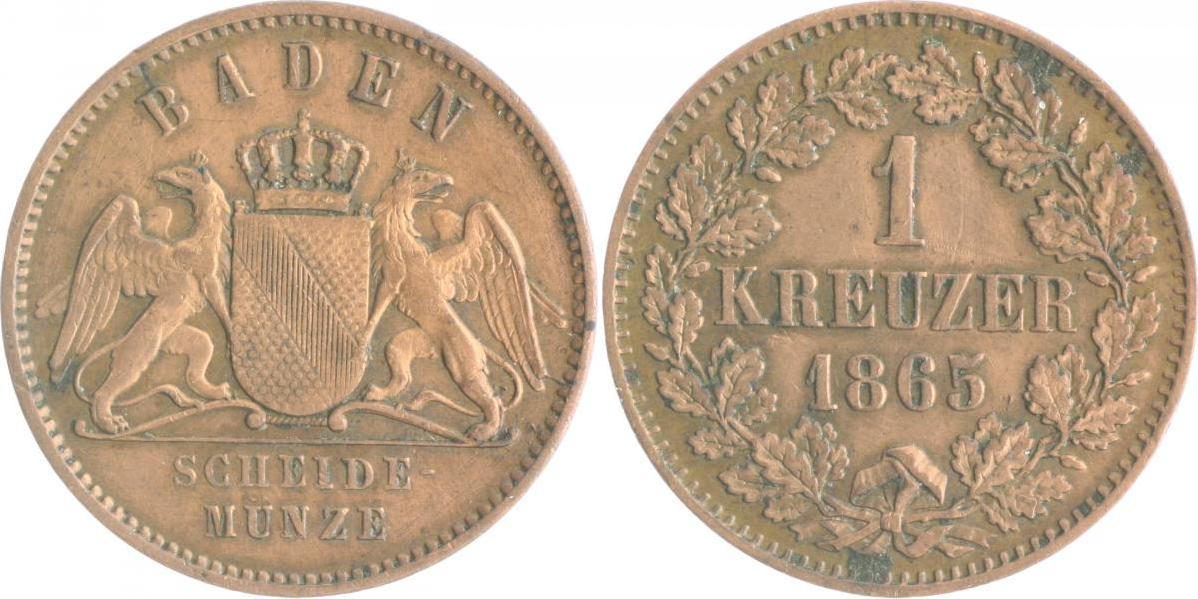 Baden 1 Kreuzer 1865 Friedrich I. 1856-1907 ss | MA-Shops
