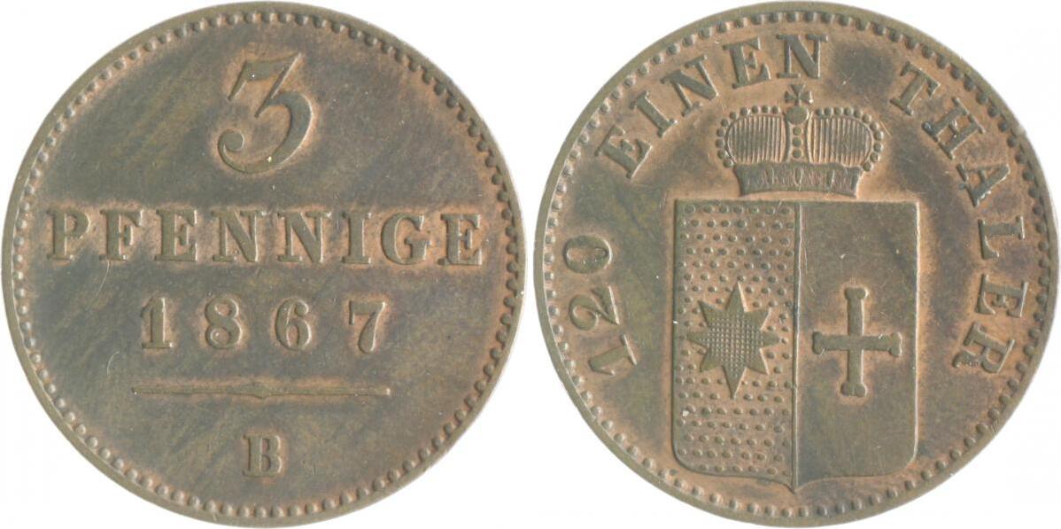 Waldeck-Pyrmont 3 Pfennig 1867 B Georg Victor 1852-1893 ss+ | MA-Shops