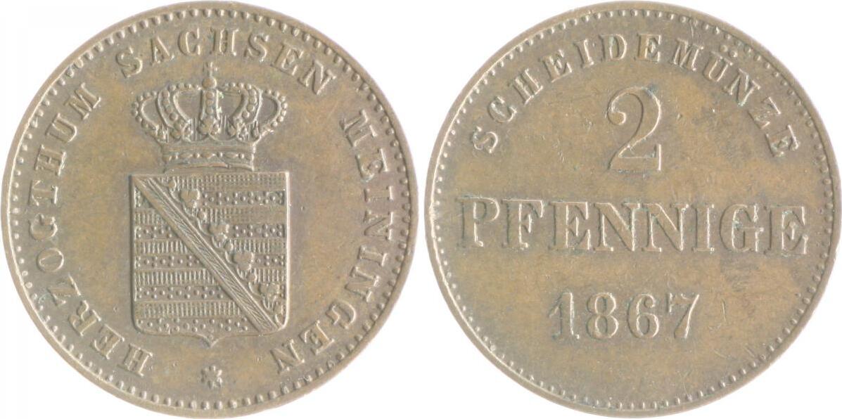 Sachsen-Meiningen 2 Pfennige 1867 Georg II. 1866-1915 ss+ | MA-Shops