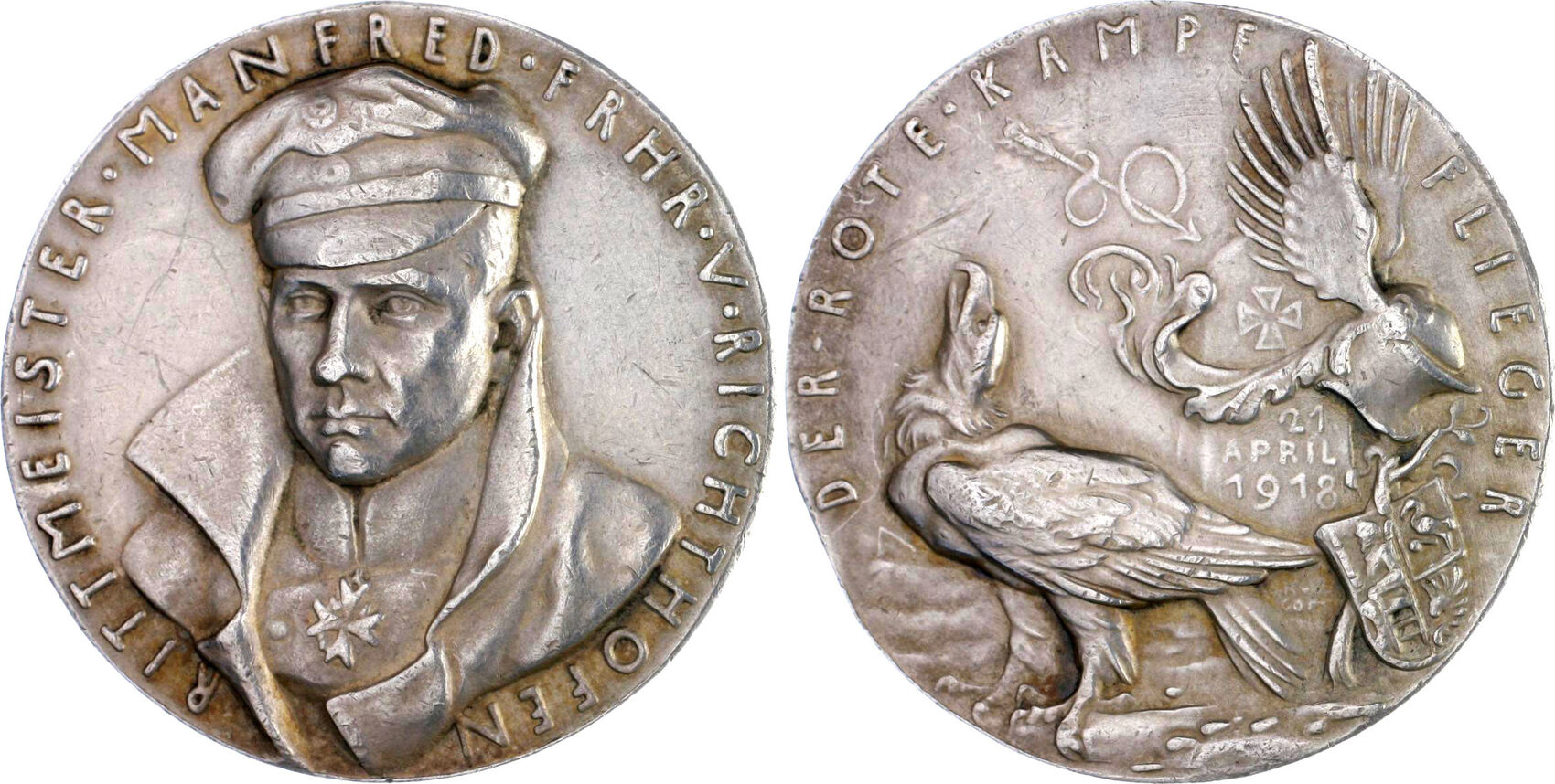 Medaillen von Karl Goetz Silbermedaille 1918 auf den Tod von Rittmeister Manfred Freiherr von ...