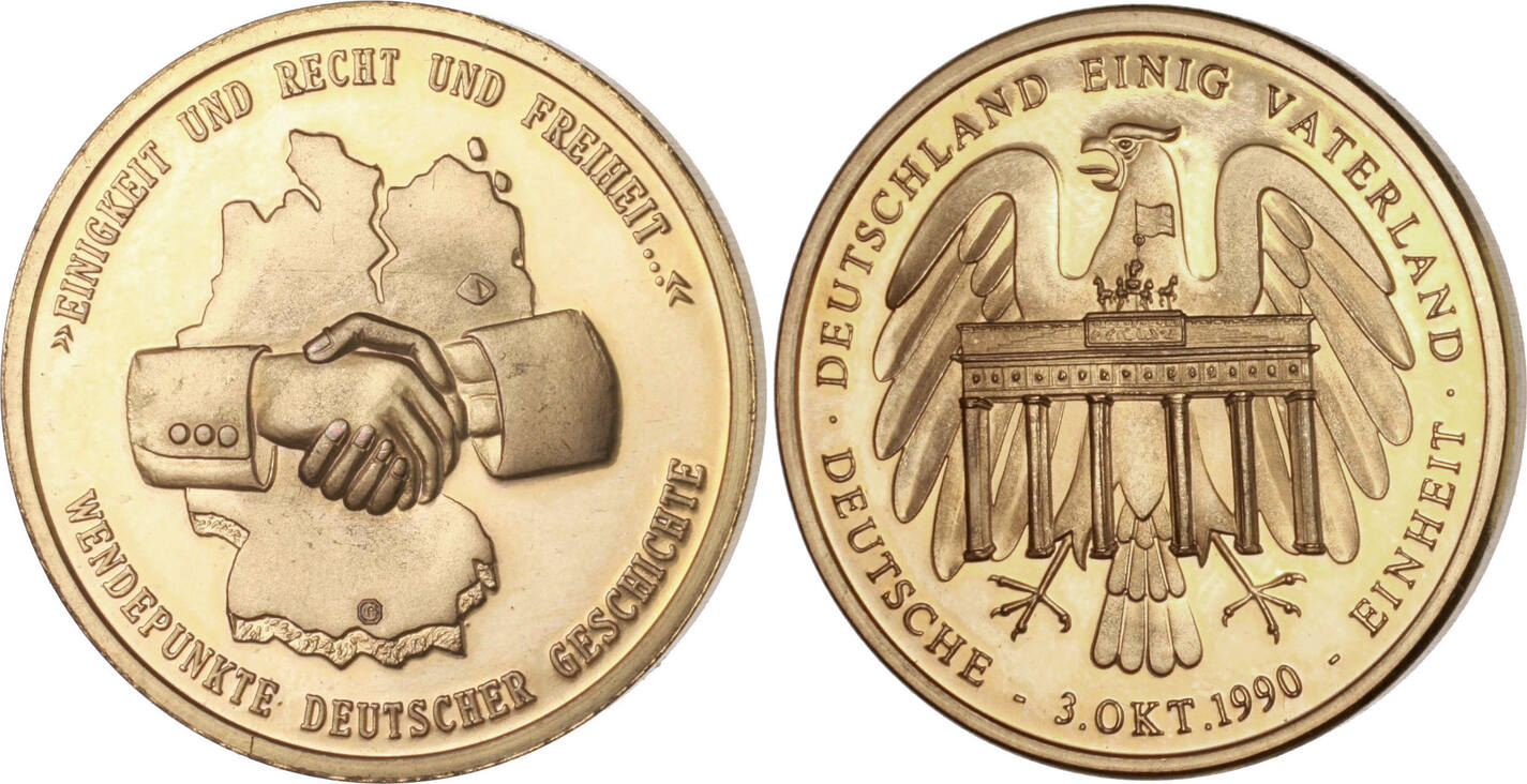 BRD Vergoldete Medaille 1990 auf die Deutsche Einheit am 3. Oktober vz ...
