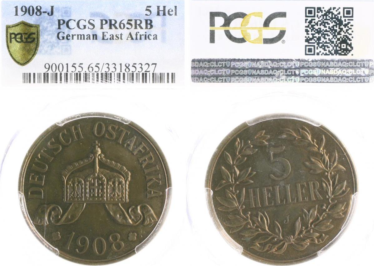 Deutsch-Ostafrika 5 Heller 1908 J PP, selten in dieser Erhaltung, geslabbt PR65RB | MA-Shops