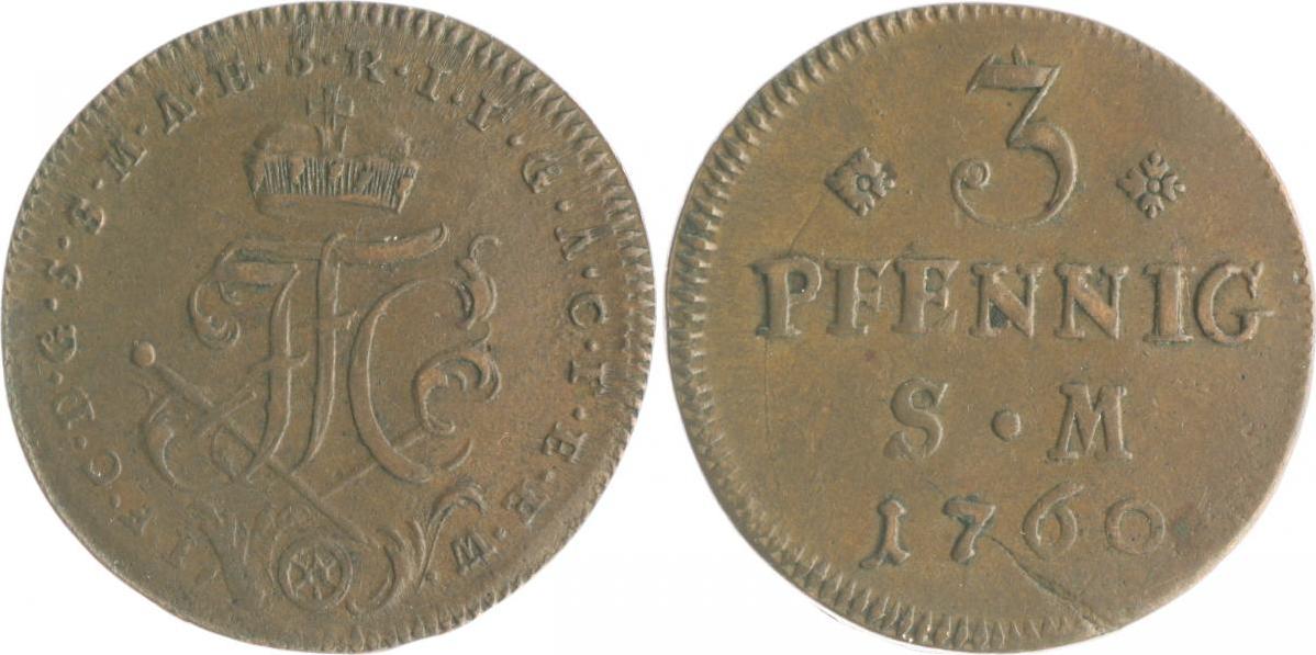 Mainz - Erzbistum 3 Pfennig 1760 S.M Johann Friedrich Karl Graf von ...