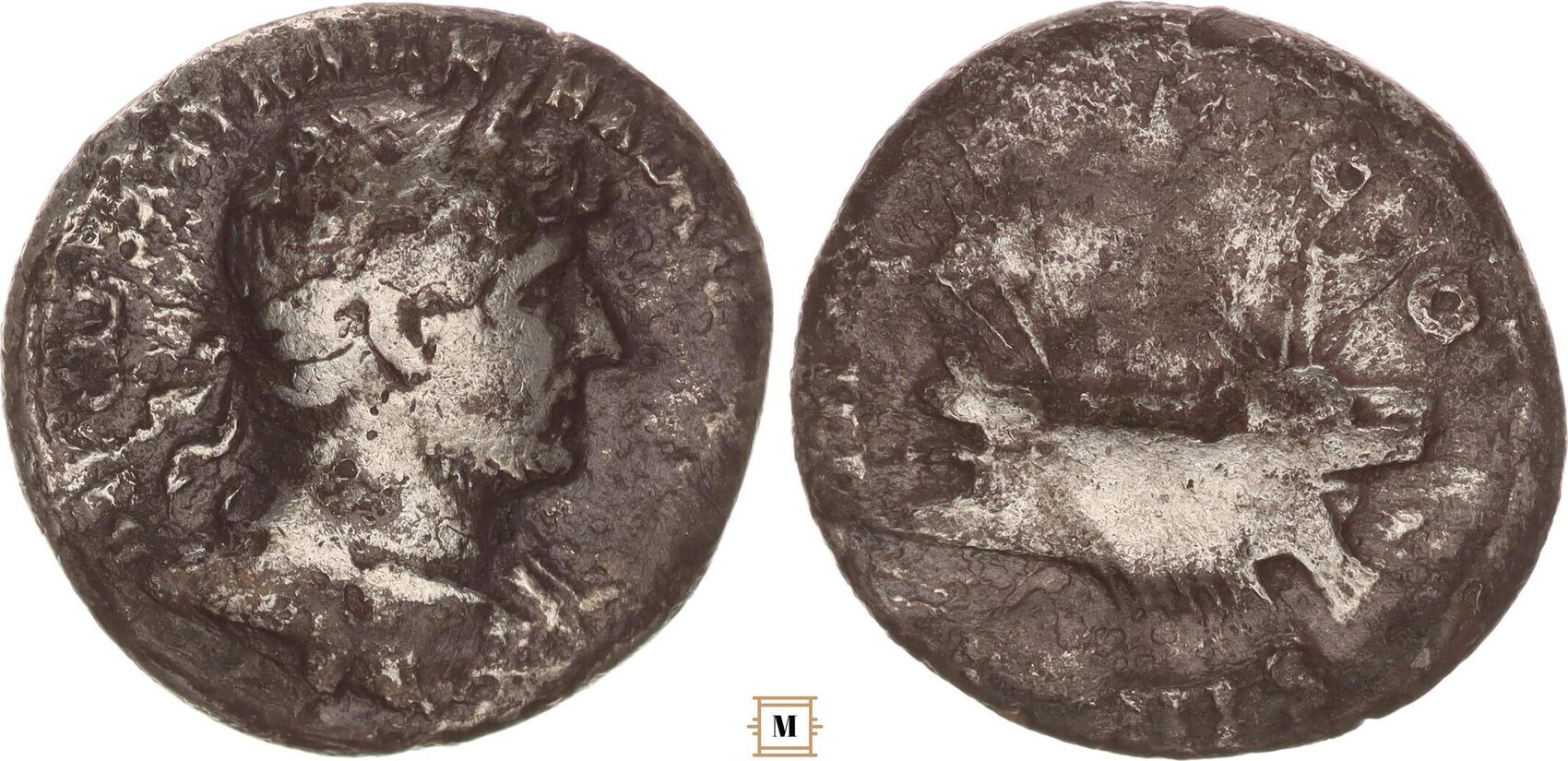 Roman Empire AR denarius 117-138 Hadrian, P M TR P COS III, Galley to ...