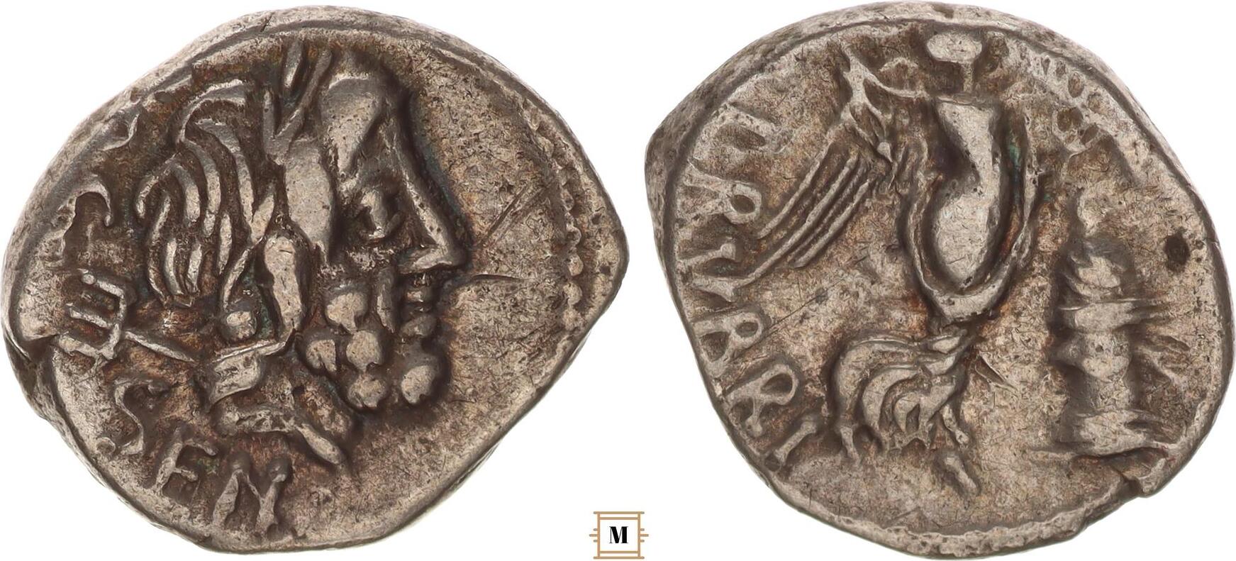 Roman Republic AR quinarius 87 BC L. Rubrius Dossenus, Head of Neptune ...