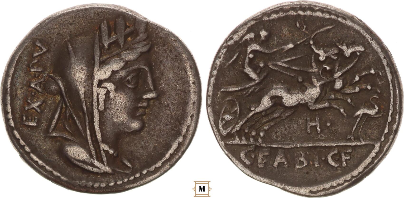 Roman Republic AR denarius 102 BC C. Fabius C.F. Hadrianus, Bust of ...