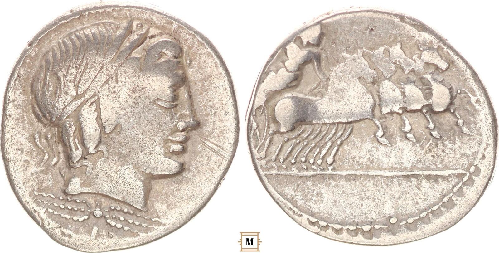 Roman Republic AR denarius 86 BC Anonymous, Head of Apollo / Jupiter in ...