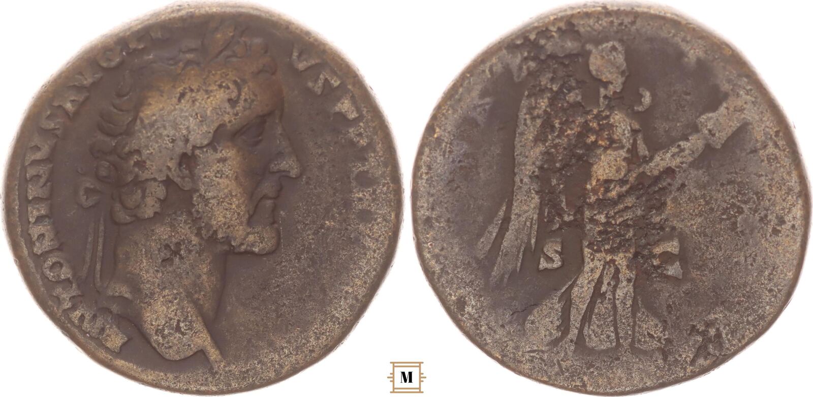 Roman Empire AE sestertius 138-161 Antoninus Pius, IMPERATOR II, Victory holding trophy | MA-Shops