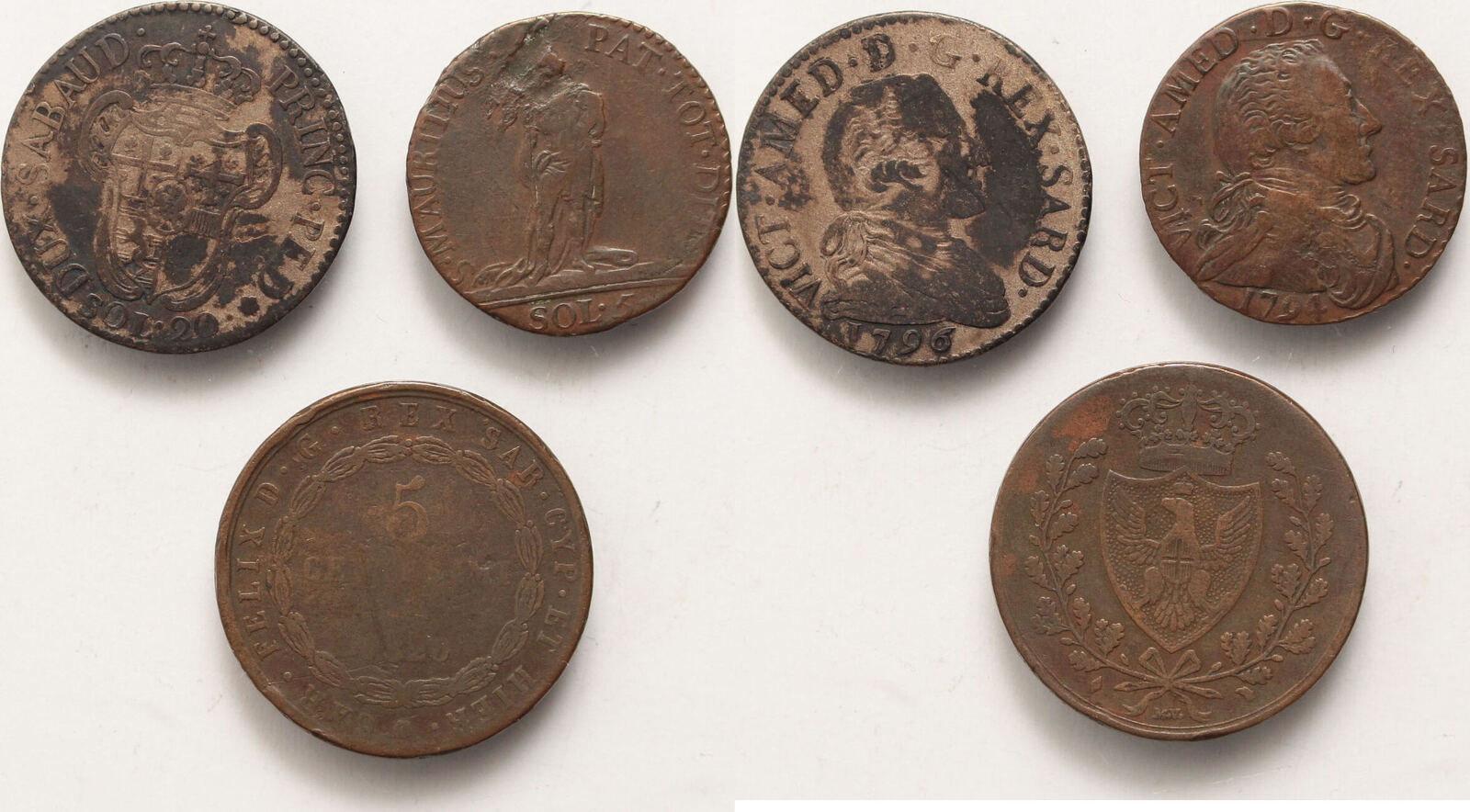 Italy 5 soldi, 20 soldi, 5 centesimi 1794, 1796, 1826 3 pcs lot of ...